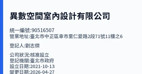 異數空間室內設計有限公司的照片-統編 90516507(臺北市) 公司登記資料與營業項目詳細圖表