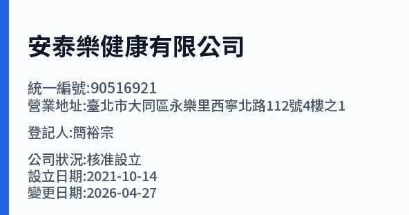 安泰樂健康有限公司的照片-統編 90516921(臺北市) 公司登記資料與營業項目詳細圖表