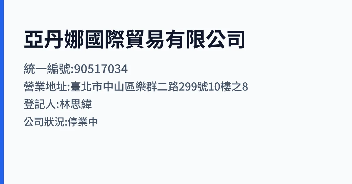 亞丹娜國際貿易有限公司 - 統編 90517034(臺北市) 公司登記資料與營業項目詳細圖表
