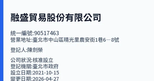 融盛貿易股份有限公司的照片-統編 90517463(臺北市) 公司登記資料與營業項目詳細圖表