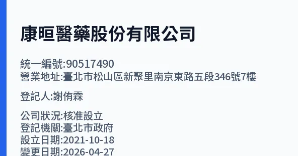 康晅醫藥股份有限公司的照片-統編 90517490(臺北市) 公司登記資料與營業項目詳細圖表
