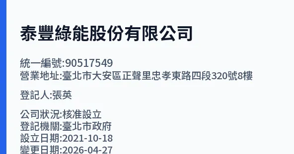 泰豐綠能股份有限公司的照片-統編 90517549(臺北市) 公司登記資料與營業項目詳細圖表