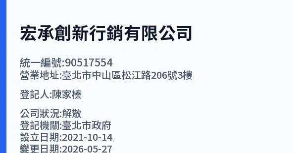 宏承創新行銷有限公司的照片-統編 90517554(臺北市) 公司登記資料與營業項目詳細圖表