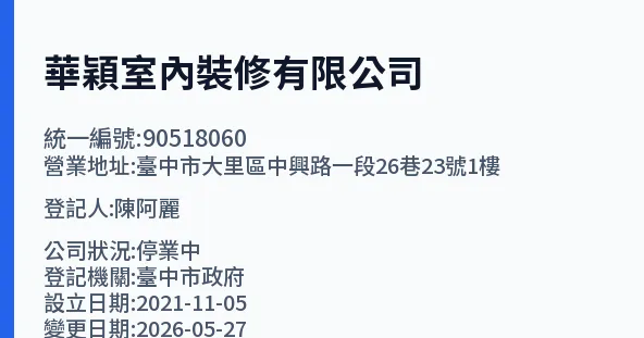 華穎室內裝修有限公司的照片-統編 90518060(臺中市) 公司登記資料與營業項目詳細圖表