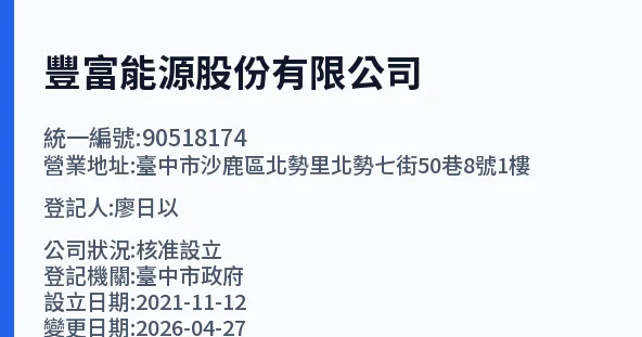 豐富能源股份有限公司的照片-統編 90518174(臺中市) 公司登記資料與營業項目詳細圖表