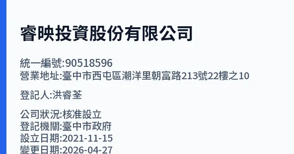 睿映投資股份有限公司的照片-統編 90518596(臺中市) 公司登記資料與營業項目詳細圖表