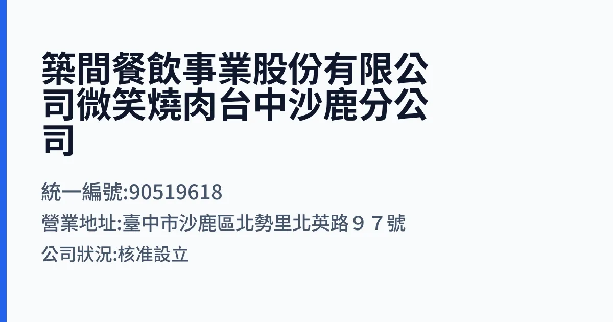 築間餐飲事業股份有限公司微笑燒肉台中沙鹿分公司 - 統編 90519618(臺中市) 公司登記資料與營業項目詳細圖表