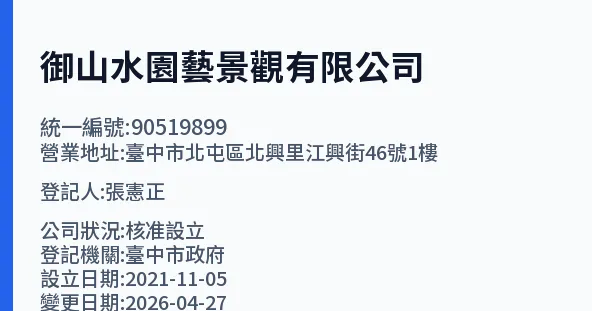御山水園藝景觀有限公司的照片-統編 90519899(臺中市) 公司登記資料與營業項目詳細圖表