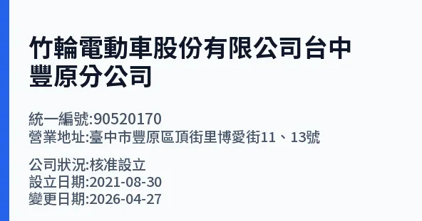 竹輪電動車股份有限公司台中豐原分公司的照片-統編 90520170(臺中市) 公司登記資料與營業項目詳細圖表