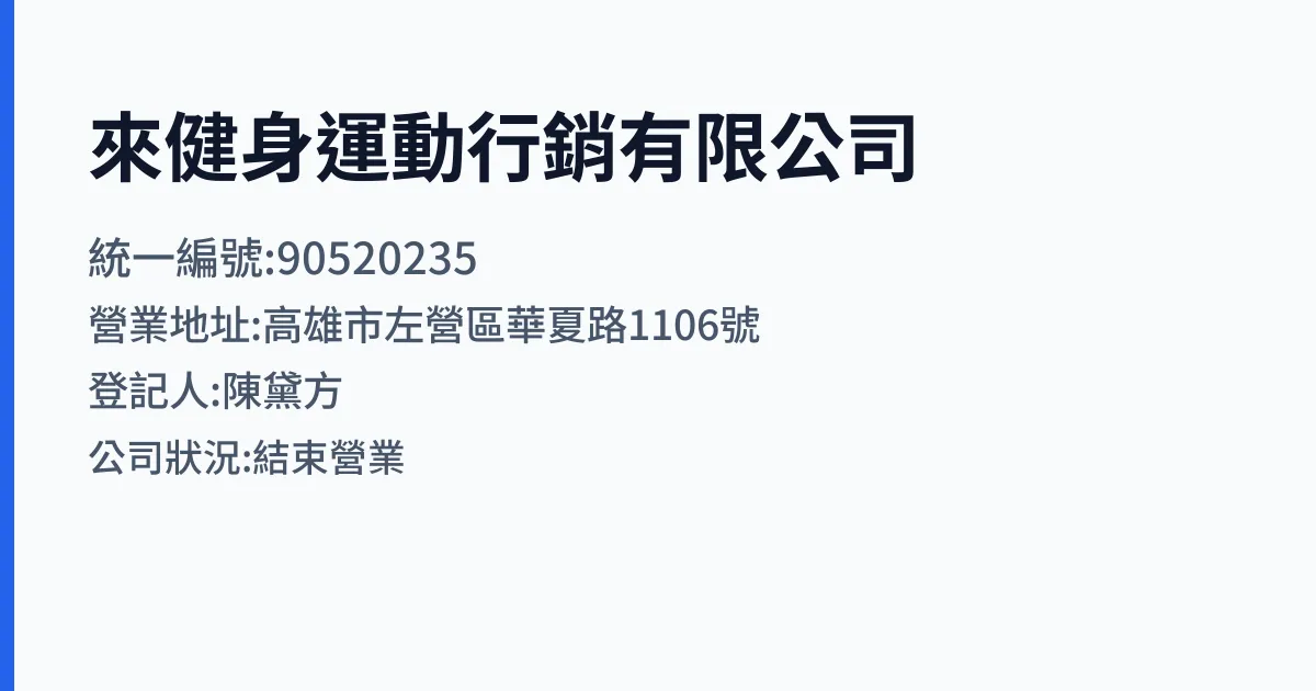 來健身運動行銷有限公司 - 統編 90520235(高雄市) 公司登記資料與營業項目詳細圖表