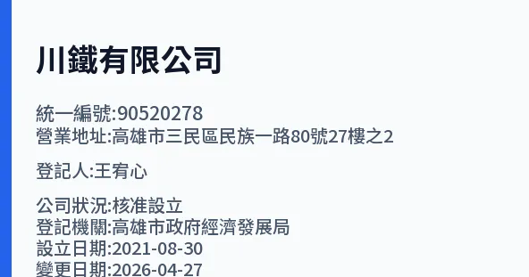 川鐵有限公司的照片-統編 90520278(高雄市) 公司登記資料與營業項目詳細圖表