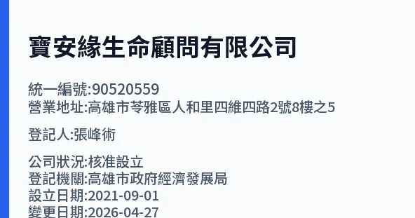 寶安緣生命顧問有限公司的照片-統編 90520559(高雄市) 公司登記資料與營業項目詳細圖表