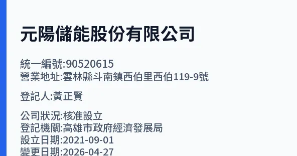 元陽儲能股份有限公司的照片-統編 90520615(雲林縣) 公司登記資料與營業項目詳細圖表