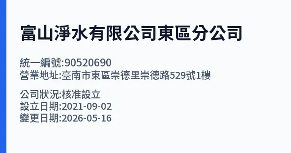 富山淨水有限公司東區分公司的照片-統編 90520690(臺南市) 公司登記資料與營業項目詳細圖表