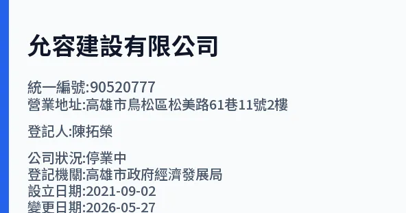 允容建設有限公司的照片-統編 90520777(高雄市) 公司登記資料與營業項目詳細圖表