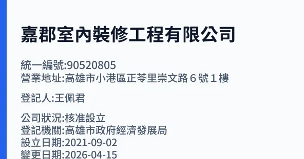 嘉郡室內裝修工程有限公司的照片-統編 90520805(高雄市) 公司登記資料與營業項目詳細圖表