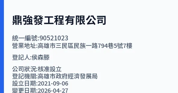 鼎強發工程有限公司的照片-統編 90521023(高雄市) 公司登記資料與營業項目詳細圖表