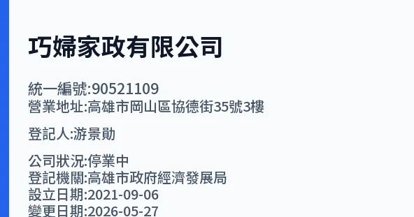 巧婦家政有限公司的照片-統編 90521109(高雄市) 公司登記資料與營業項目詳細圖表