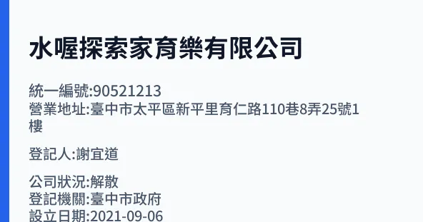 水喔探索家育樂有限公司的照片-統編 90521213(臺中市) 公司登記資料與營業項目詳細圖表