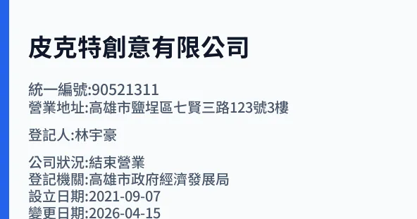 皮克特創意有限公司的照片-統編 90521311(高雄市) 公司登記資料與營業項目詳細圖表