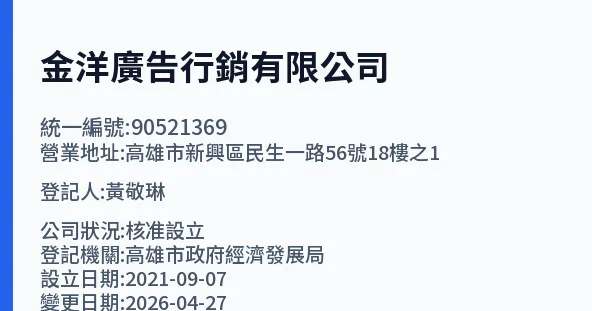 金洋廣告行銷有限公司的照片-統編 90521369(高雄市) 公司登記資料與營業項目詳細圖表
