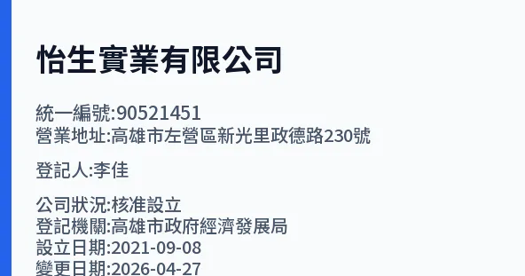 怡生實業有限公司的照片-統編 90521451(高雄市) 公司登記資料與營業項目詳細圖表
