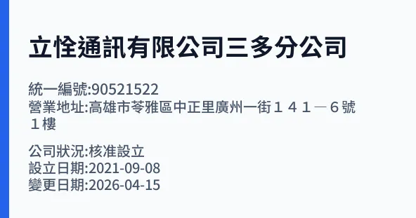 立恮通訊有限公司三多分公司的照片-統編 90521522(高雄市) 公司登記資料與營業項目詳細圖表