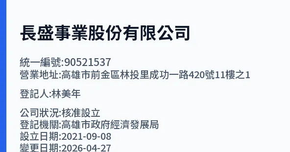長盛事業股份有限公司的照片-統編 90521537(高雄市) 公司登記資料與營業項目詳細圖表