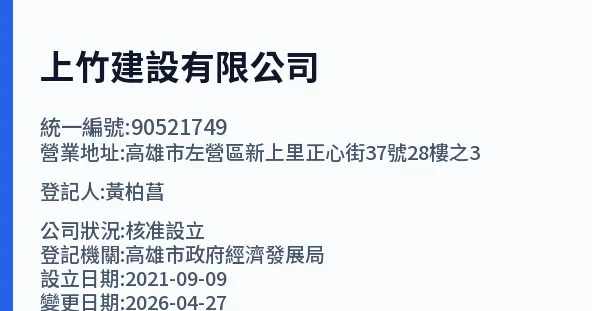 上竹建設有限公司的照片-統編 90521749(高雄市) 公司登記資料與營業項目詳細圖表