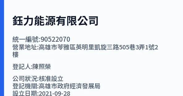 鈺力能源有限公司的照片-統編 90522070(高雄市) 公司登記資料與營業項目詳細圖表