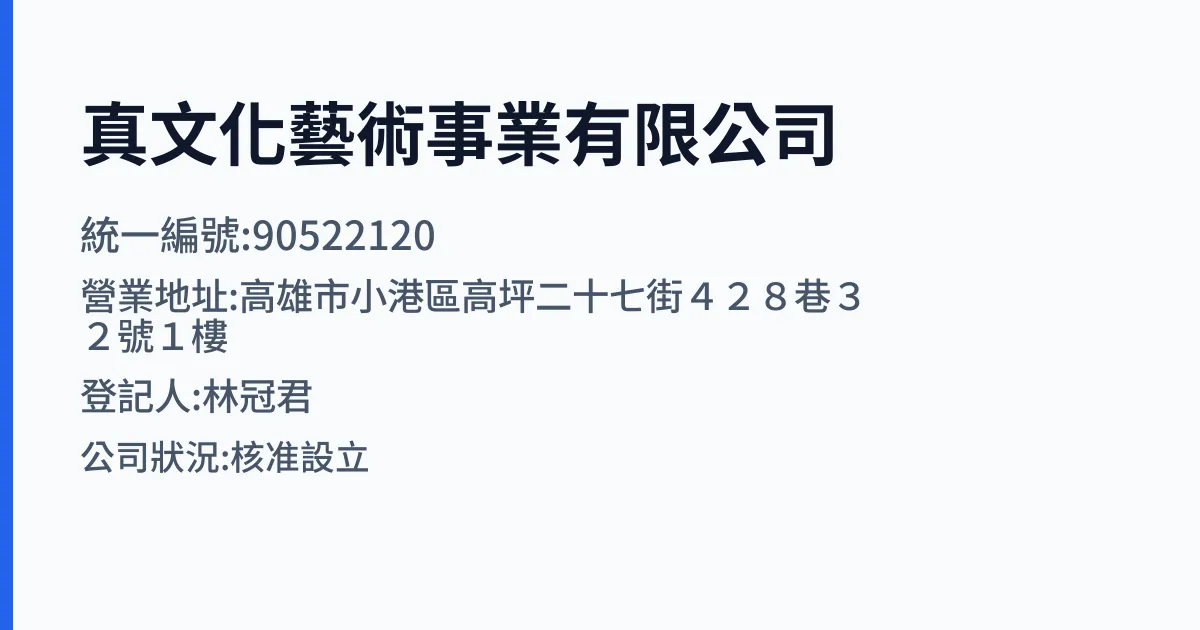 真文化藝術事業有限公司 - 統編 90522120(高雄市) 公司登記資料與營業項目詳細圖表