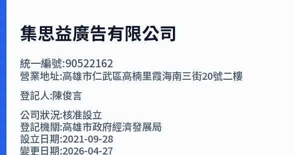 集思益廣告有限公司的照片-統編 90522162(高雄市) 公司登記資料與營業項目詳細圖表