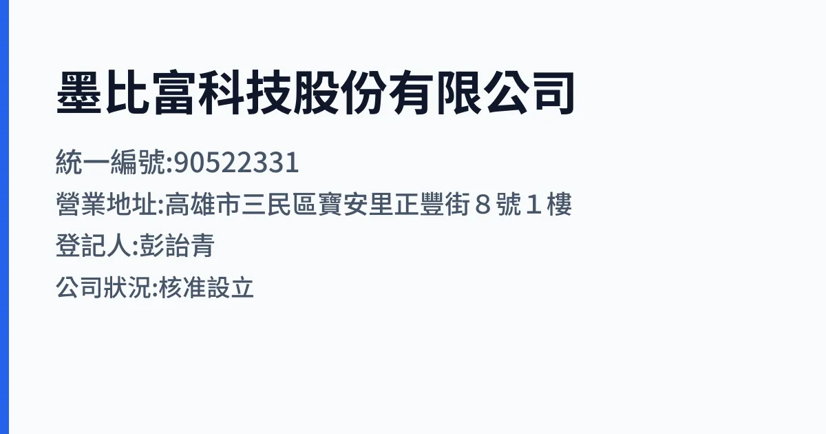 墨比富科技股份有限公司 - 統編 90522331(高雄市) 公司登記資料與營業項目詳細圖表