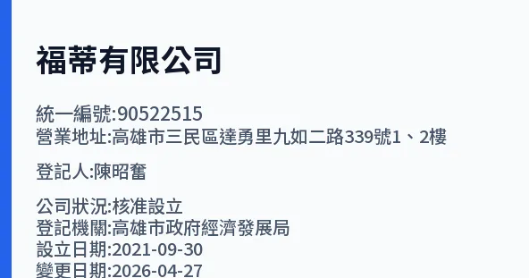 福蒂有限公司的照片-統編 90522515(高雄市) 公司登記資料與營業項目詳細圖表