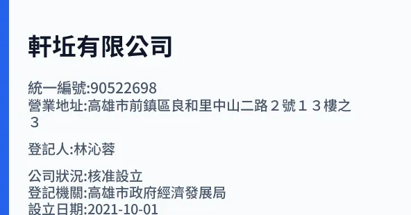 軒坵有限公司的照片-統編 90522698(高雄市) 公司登記資料與營業項目詳細圖表
