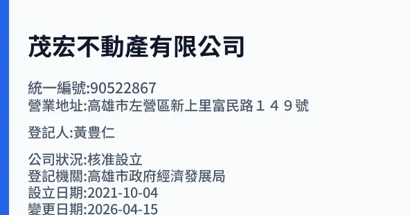 茂宏不動產有限公司的照片-統編 90522867(高雄市) 公司登記資料與營業項目詳細圖表