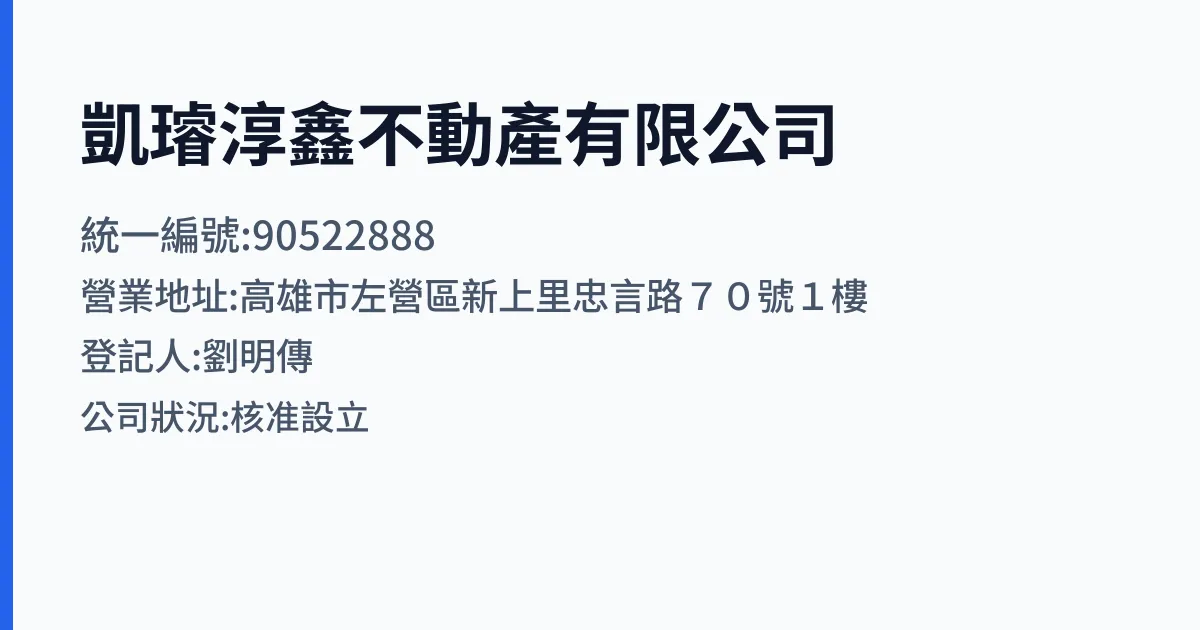 凱璿淳鑫不動產有限公司 - 統編 90522888(高雄市) 公司登記資料與營業項目詳細圖表