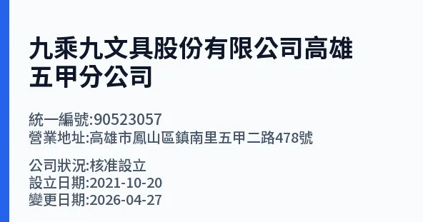 九乘九文具股份有限公司高雄五甲分公司的照片-統編 90523057(高雄市) 公司登記資料與營業項目詳細圖表