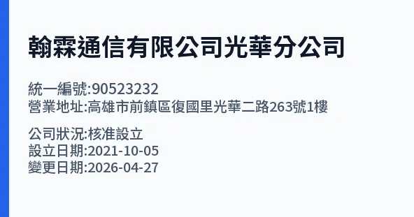 翰霖通信有限公司光華分公司的照片-統編 90523232(高雄市) 公司登記資料與營業項目詳細圖表