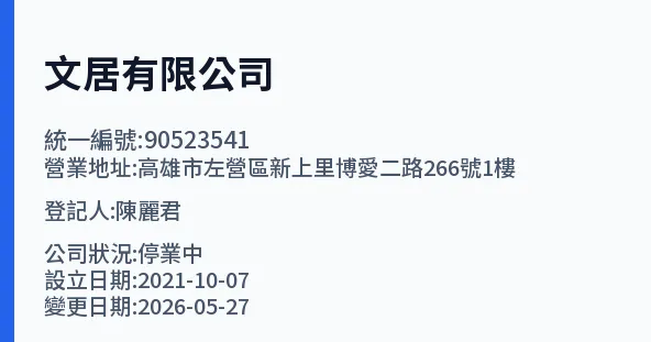 文居有限公司的照片-統編 90523541(高雄市) 公司登記資料與營業項目詳細圖表