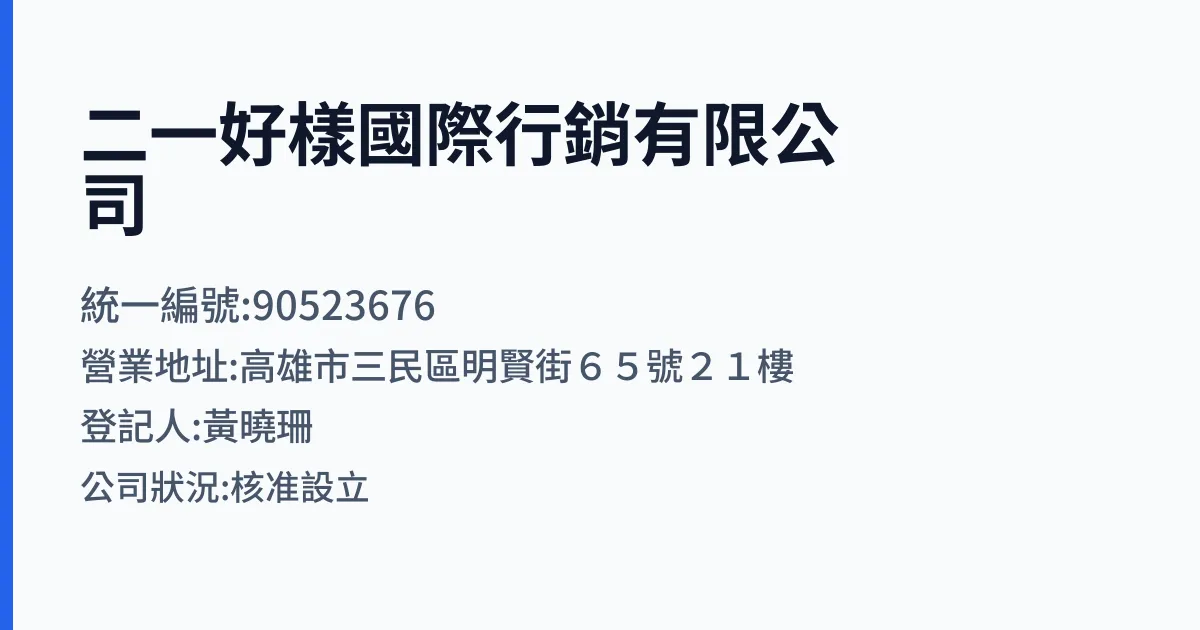 二一好樣國際行銷有限公司 - 統編 90523676(高雄市) 公司登記資料與營業項目詳細圖表