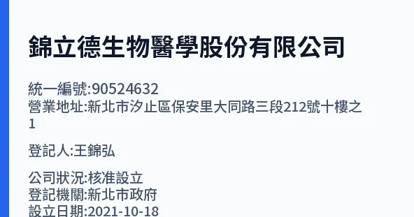 錦立德生物醫學股份有限公司的照片-統編 90524632(新北市) 公司登記資料與營業項目詳細圖表