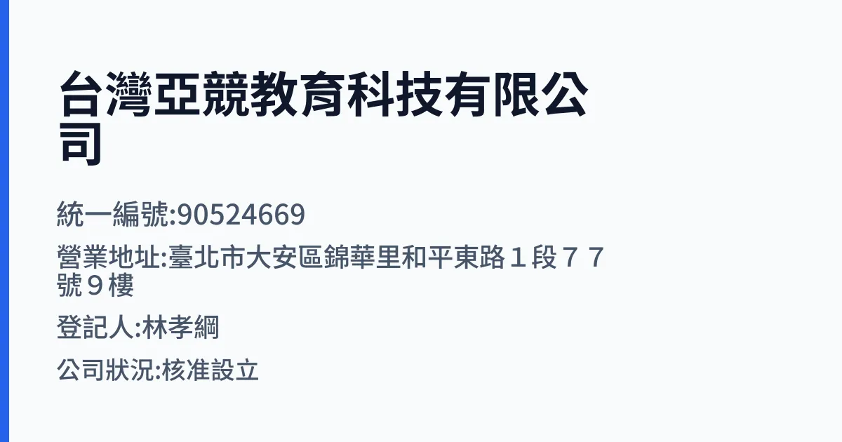 台灣亞競教育科技有限公司 - 統編 90524669(臺北市) 公司登記資料與營業項目詳細圖表