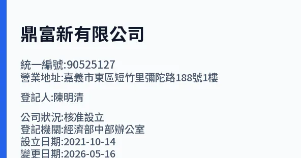 鼎富新有限公司的照片-統編 90525127(嘉義市) 公司登記資料與營業項目詳細圖表