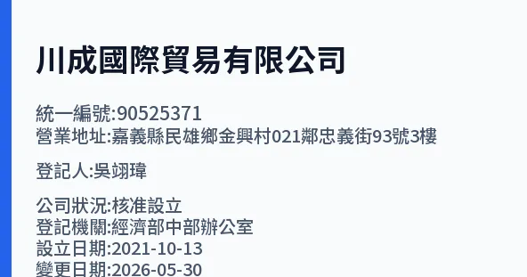 川成國際貿易有限公司的照片-統編 90525371(嘉義縣) 公司登記資料與營業項目詳細圖表