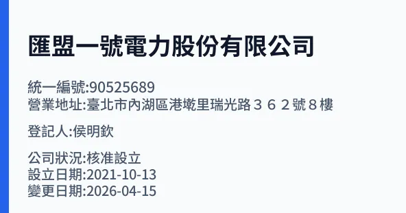 匯盟一號電力股份有限公司的照片-統編 90525689(臺北市) 公司登記資料與營業項目詳細圖表