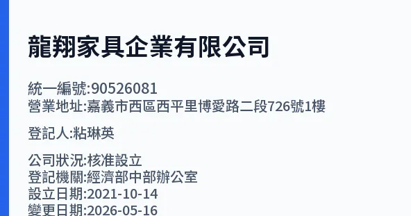 龍翔家具企業有限公司的照片-統編 90526081(嘉義市) 公司登記資料與營業項目詳細圖表