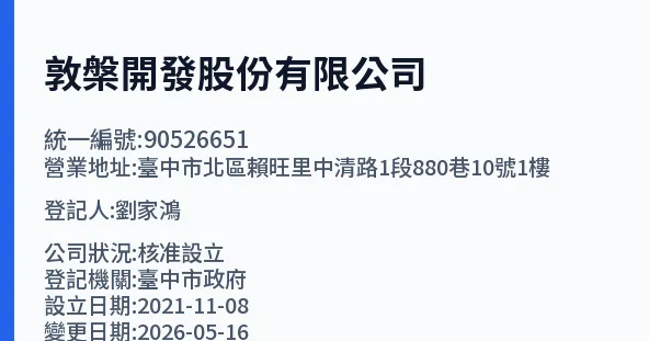 敦槃開發股份有限公司的照片-統編 90526651(臺中市) 公司登記資料與營業項目詳細圖表