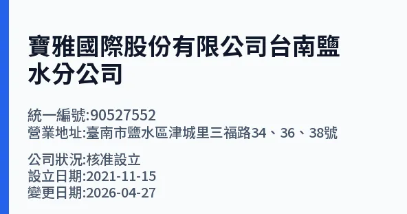 寶雅國際股份有限公司台南鹽水分公司的照片-統編 90527552(臺南市) 公司登記資料與營業項目詳細圖表