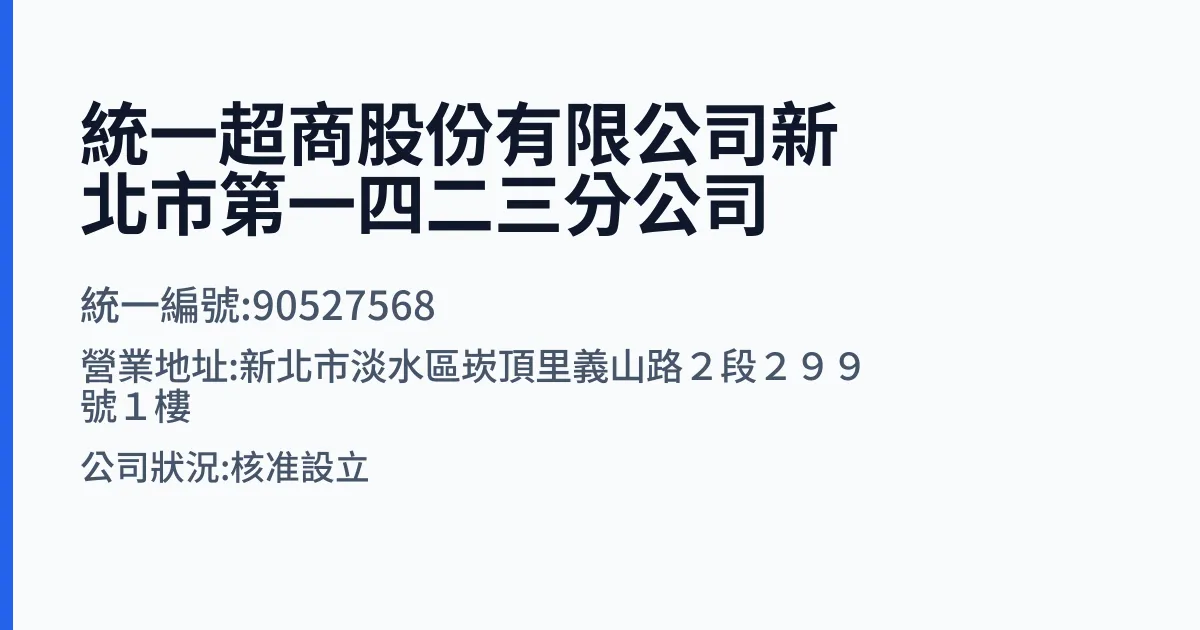 統一超商股份有限公司新北市第一四二三分公司 - 統編 90527568(新北市) 公司登記資料與營業項目詳細圖表